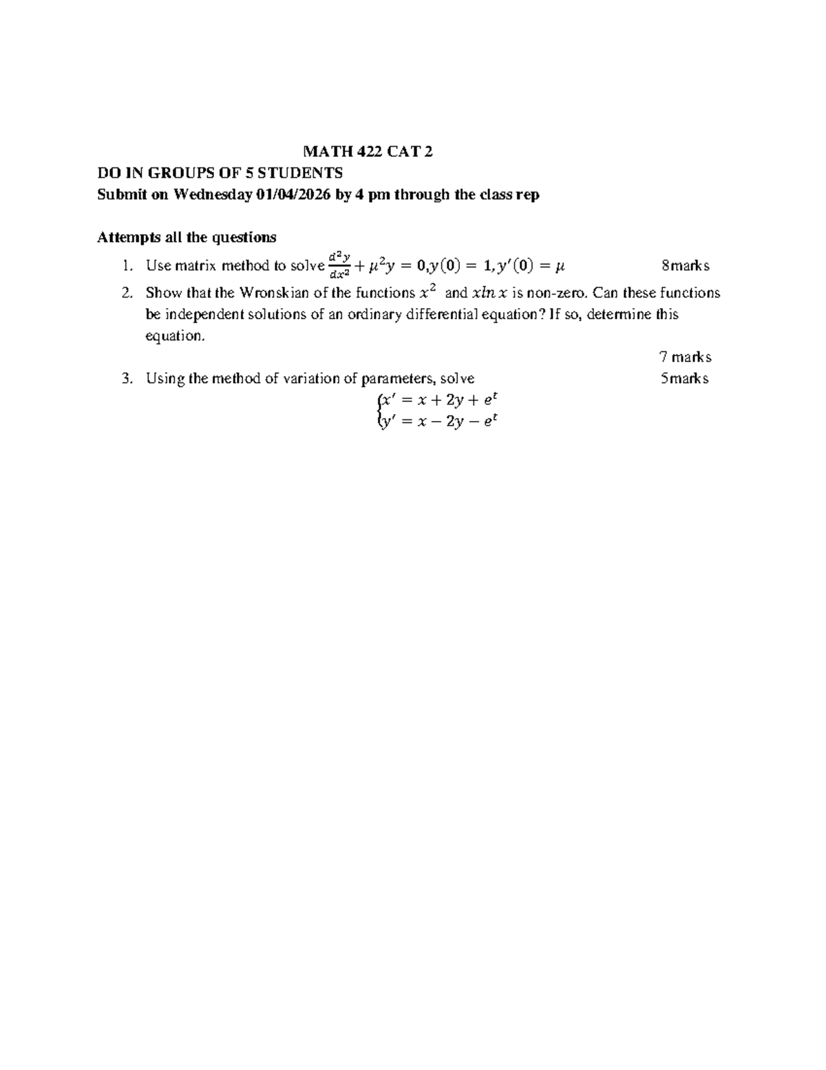 MATH 422 CAT 2-2026 - A takeaway cat - MATH 422 CAT 2 DO IN GROUPS OF 5 ...