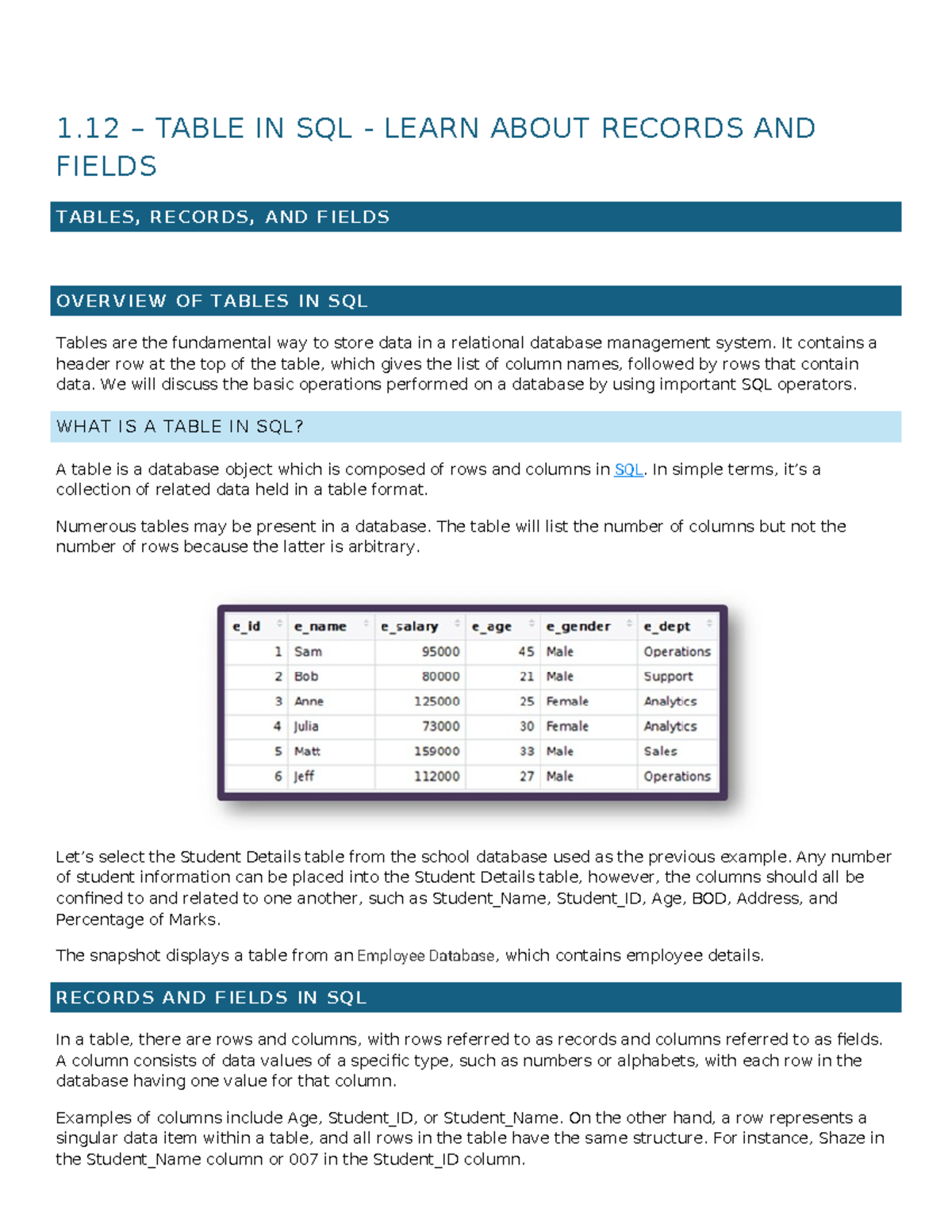 1.12 SQL TABLES: Understanding Records and Fields Overview - Studocu