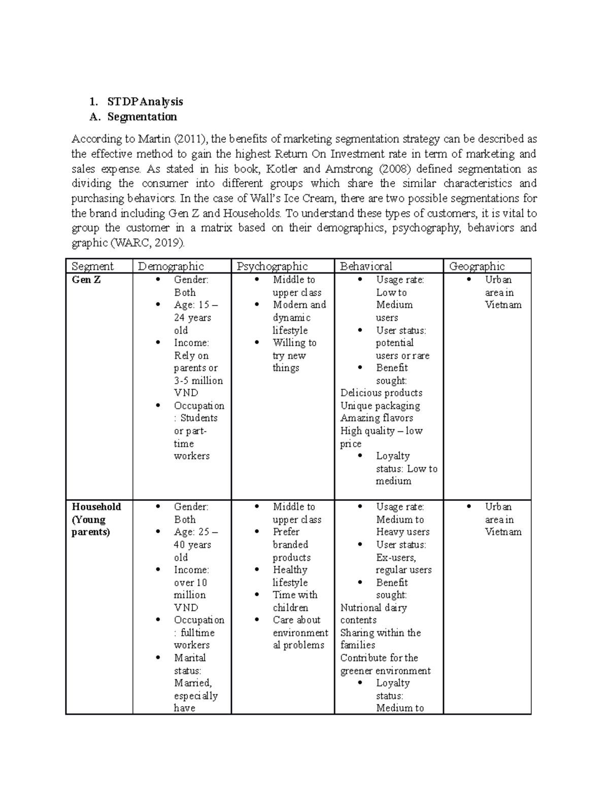 STDP - STDP - 1. STDP Analysis A. Segmentation According to Martin (2011), the benefits of ...