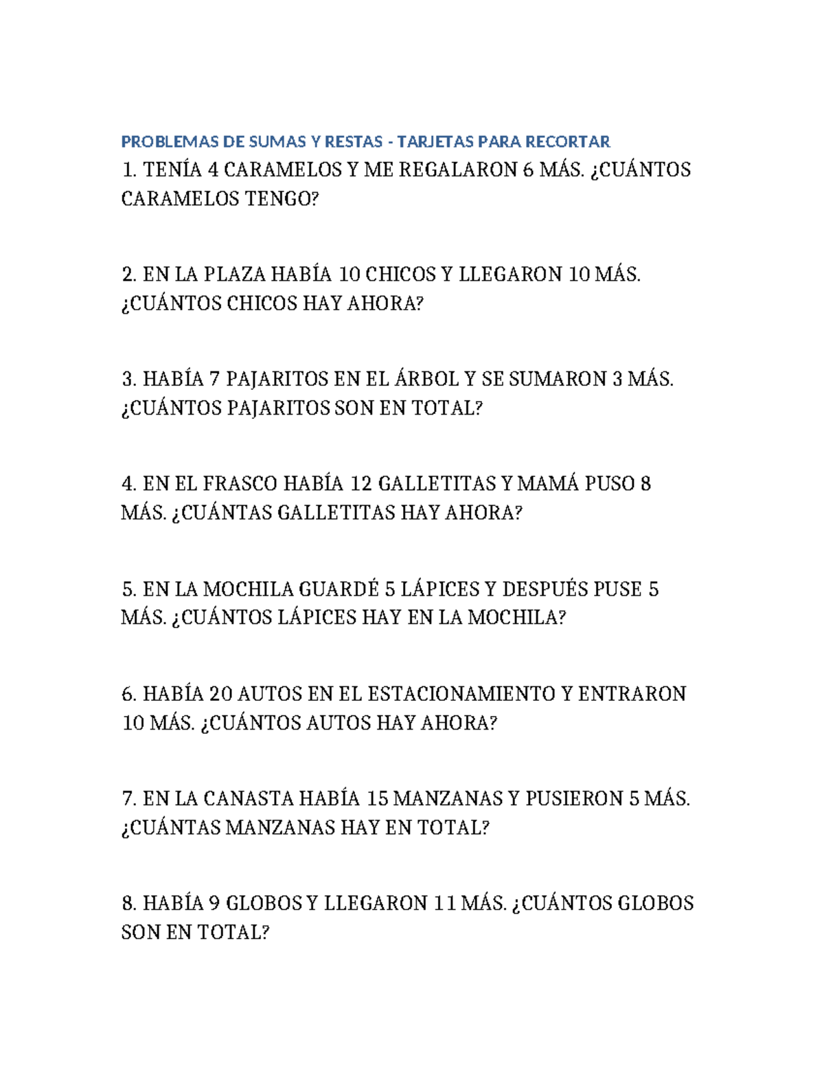 Problemas de Sumas y Restas - Tarjetas para Recortar - Studocu