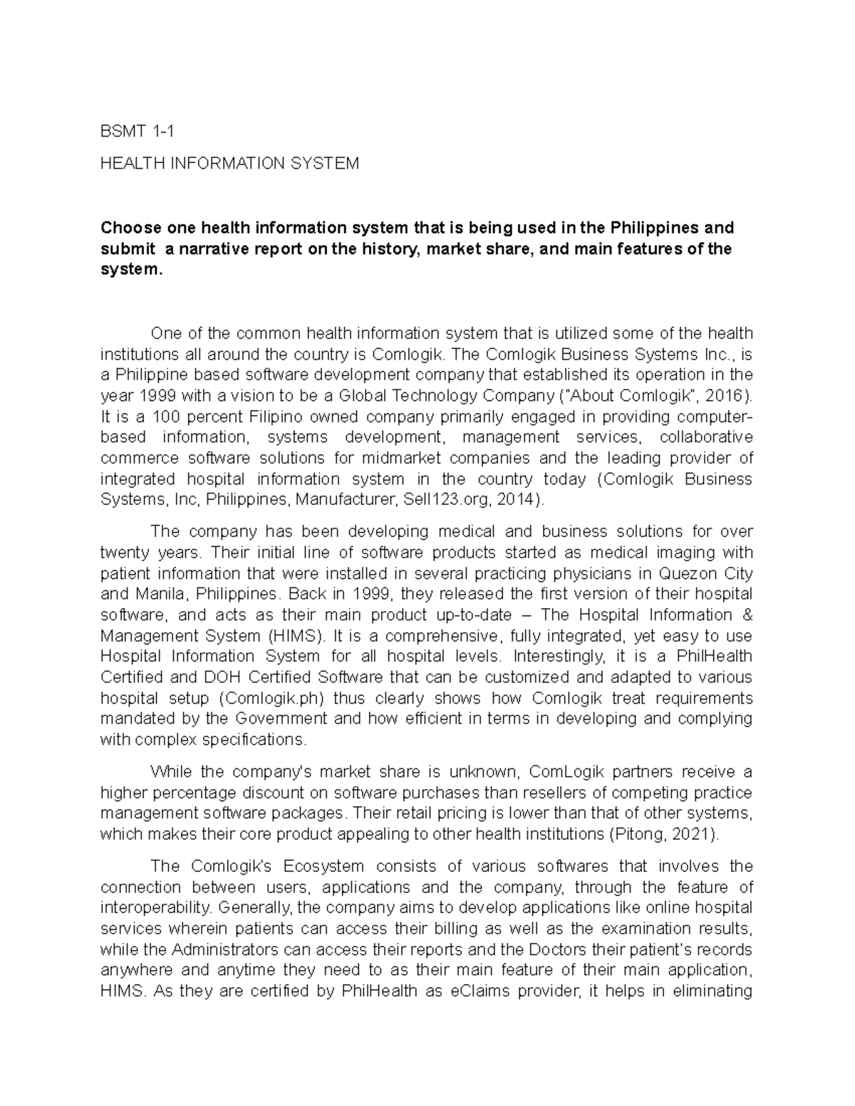 BSMT 1: Narrative Report on Comlogik Health Information System - Studocu