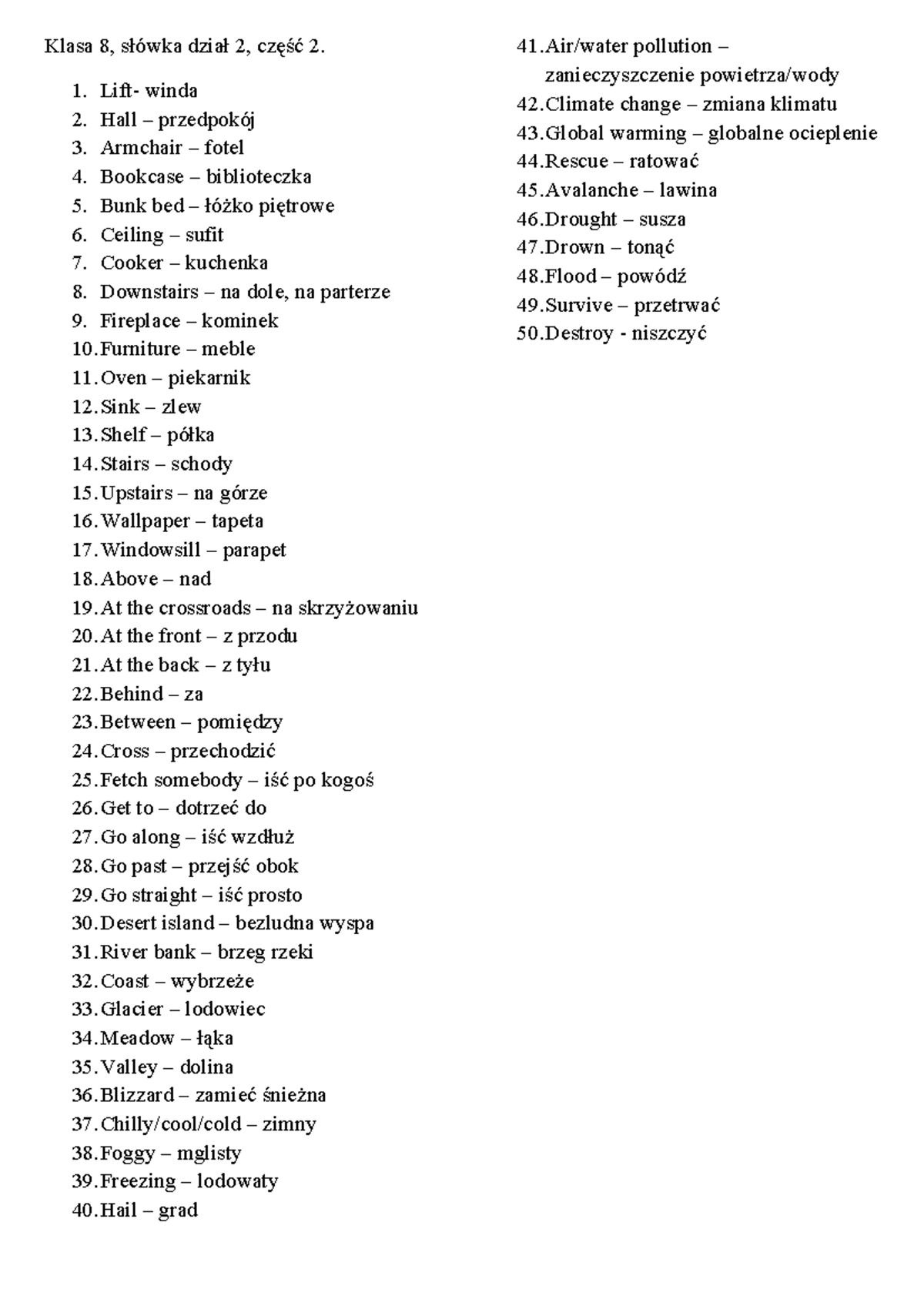 Klasa 8, Słówka - Dział 2, Część 2: Vocabulary List - Studocu
