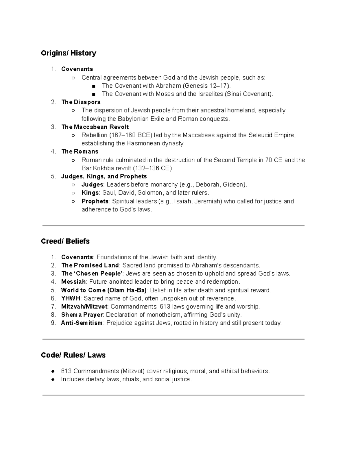 Judaism Unit Test - Google Docs - Origins/ History Covenants Central ...
