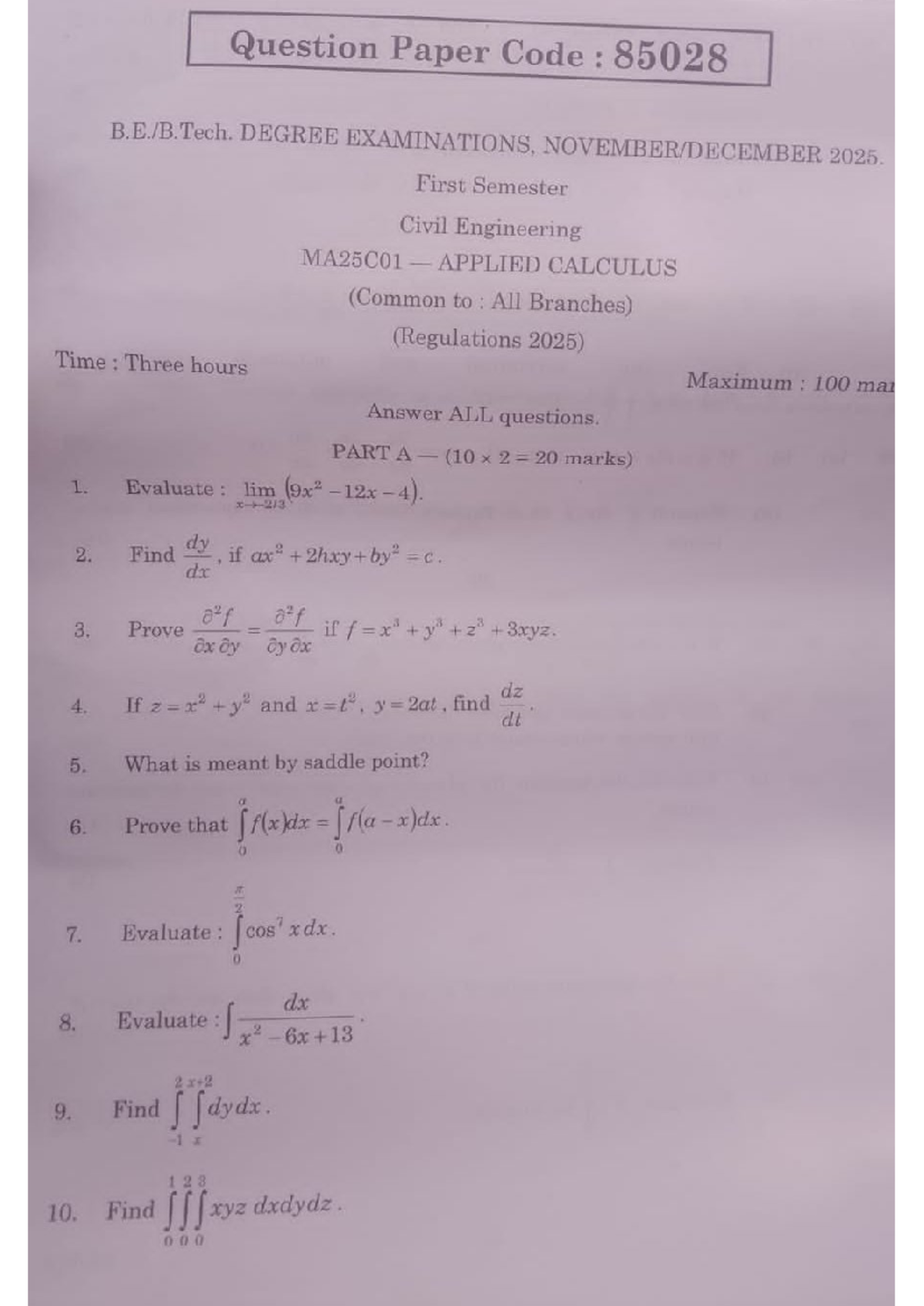 MA25C01 Applied Calculus Nov-Dec 2025 Question Paper - Studocu