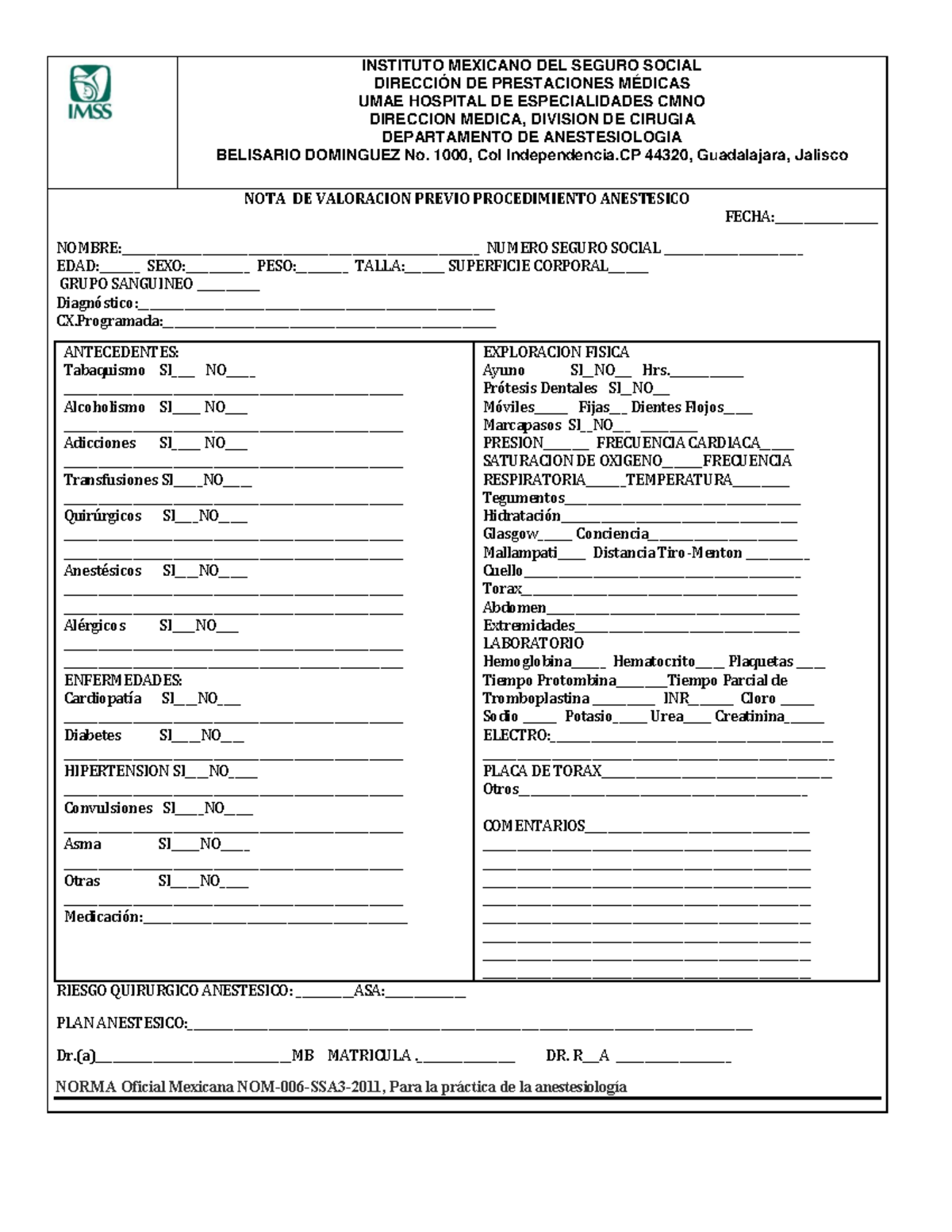 Nota Pre y Post Anestésica - Instituto Mexicano del Seguro Social - Studocu
