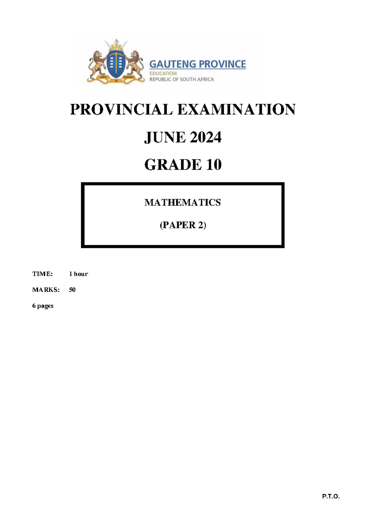 Gr 10 Mathematics P2 (Eng) June 2024 Exam Question Paper - Studocu