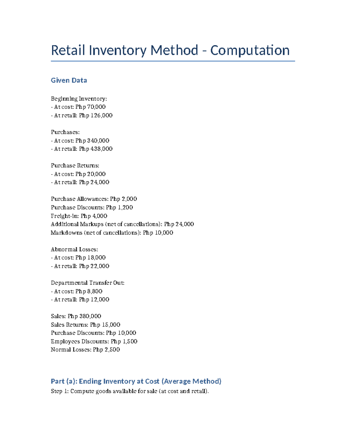 Retail Inventory Method Computation - Retail Inventory Method ...