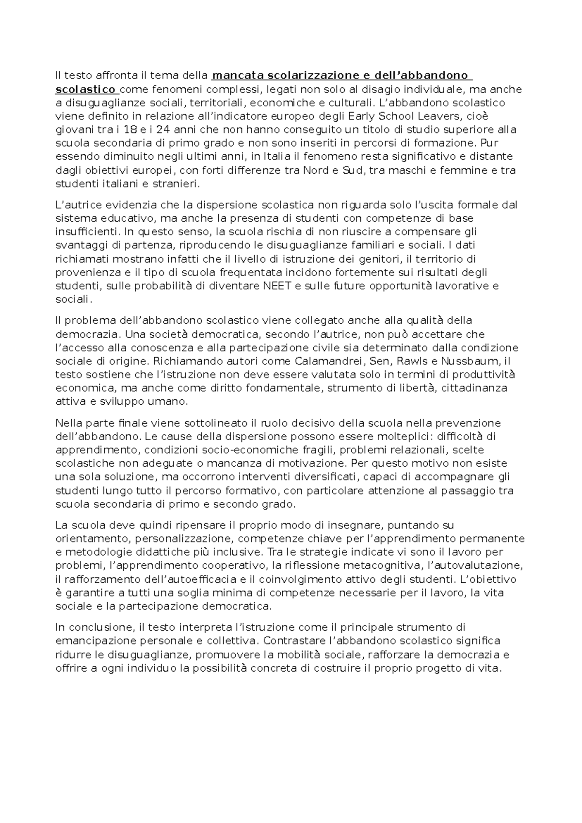 Sintesi Unità 2: Mancata Scolarizzazione e Disuguaglianze Sociali - Studocu
