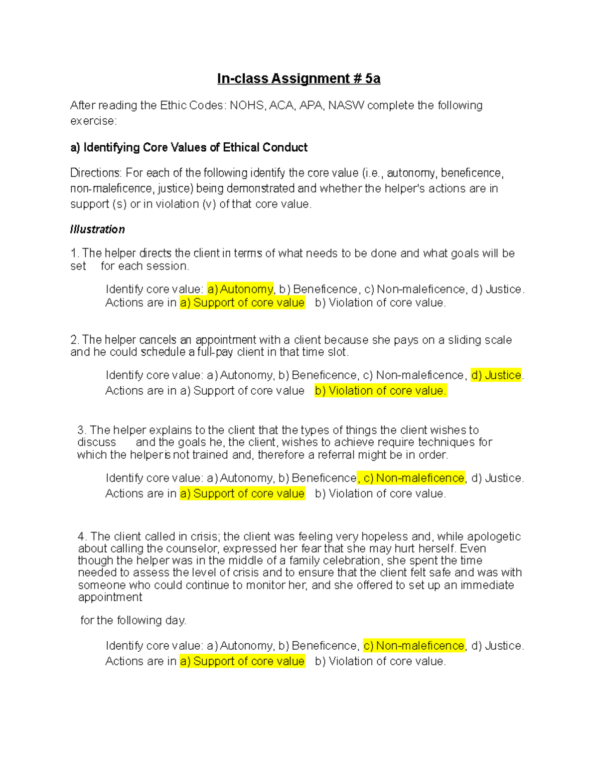 Ethics In-class Assignment #5a Exercise Identifying Core Values ...