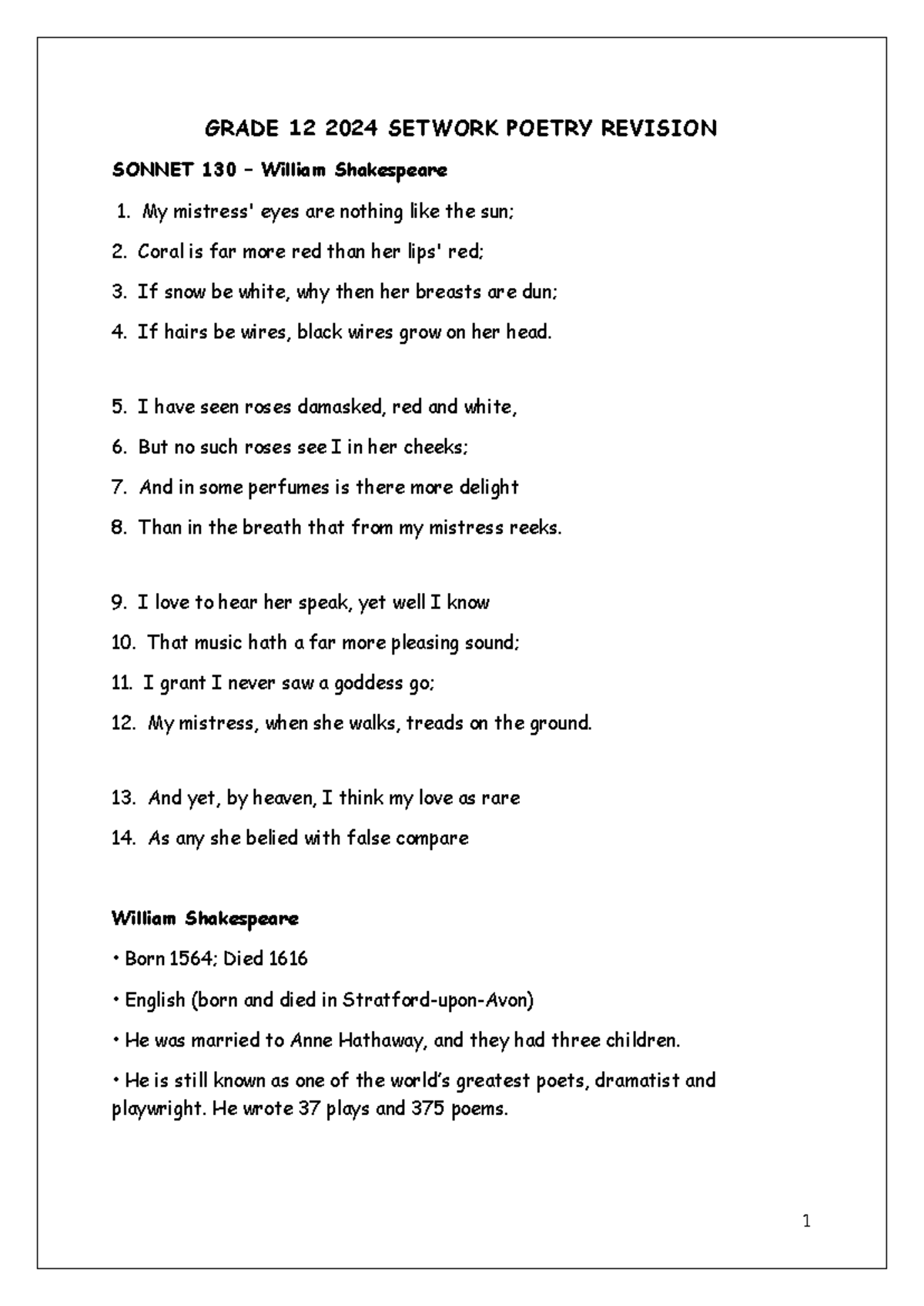 Grade 12 Final Exam Poetry Revision: Shakespeare’s Sonnet 130 Analysis ...
