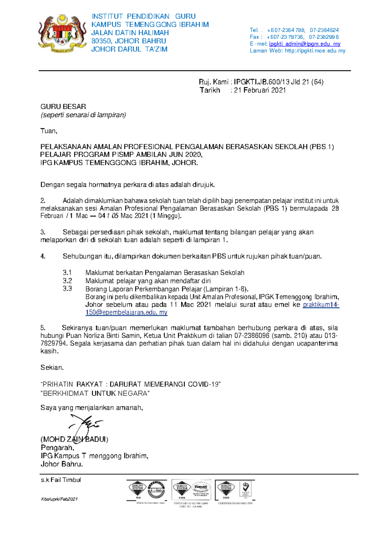 1. Surat Penempatan PBS 1 KE SEK 23022021 - INSTITUT PENDIDIKAN GURU ...