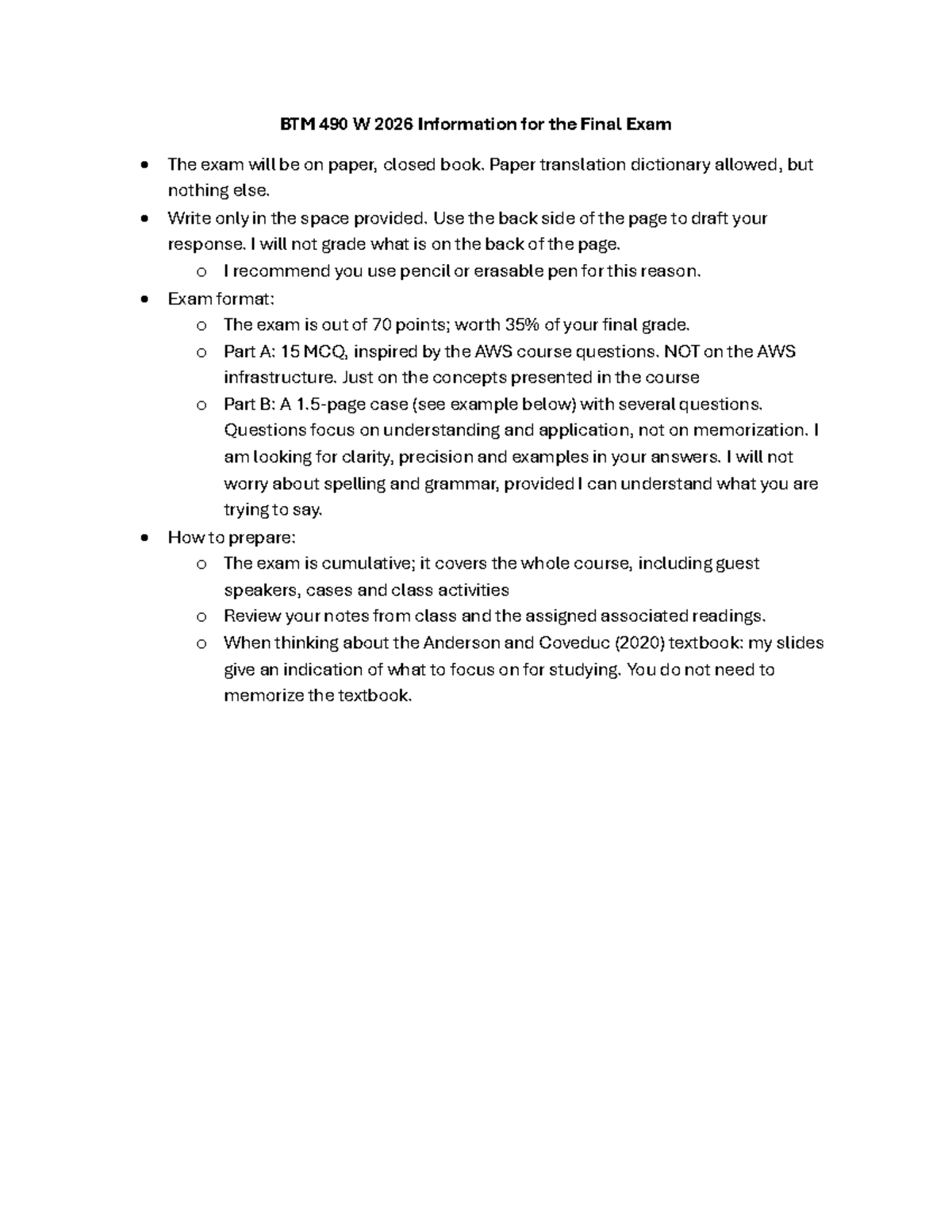 BTM 490 W2026 Final Exam Information & Practice Case Study - Studocu