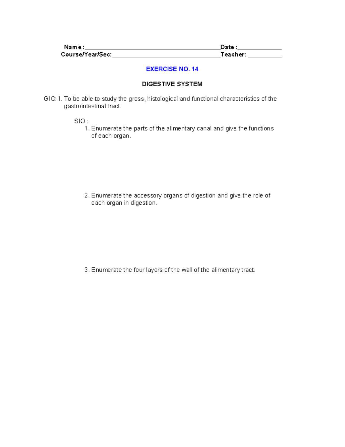 LAB Exercise: Understanding the Digestive System and Its Functions ...