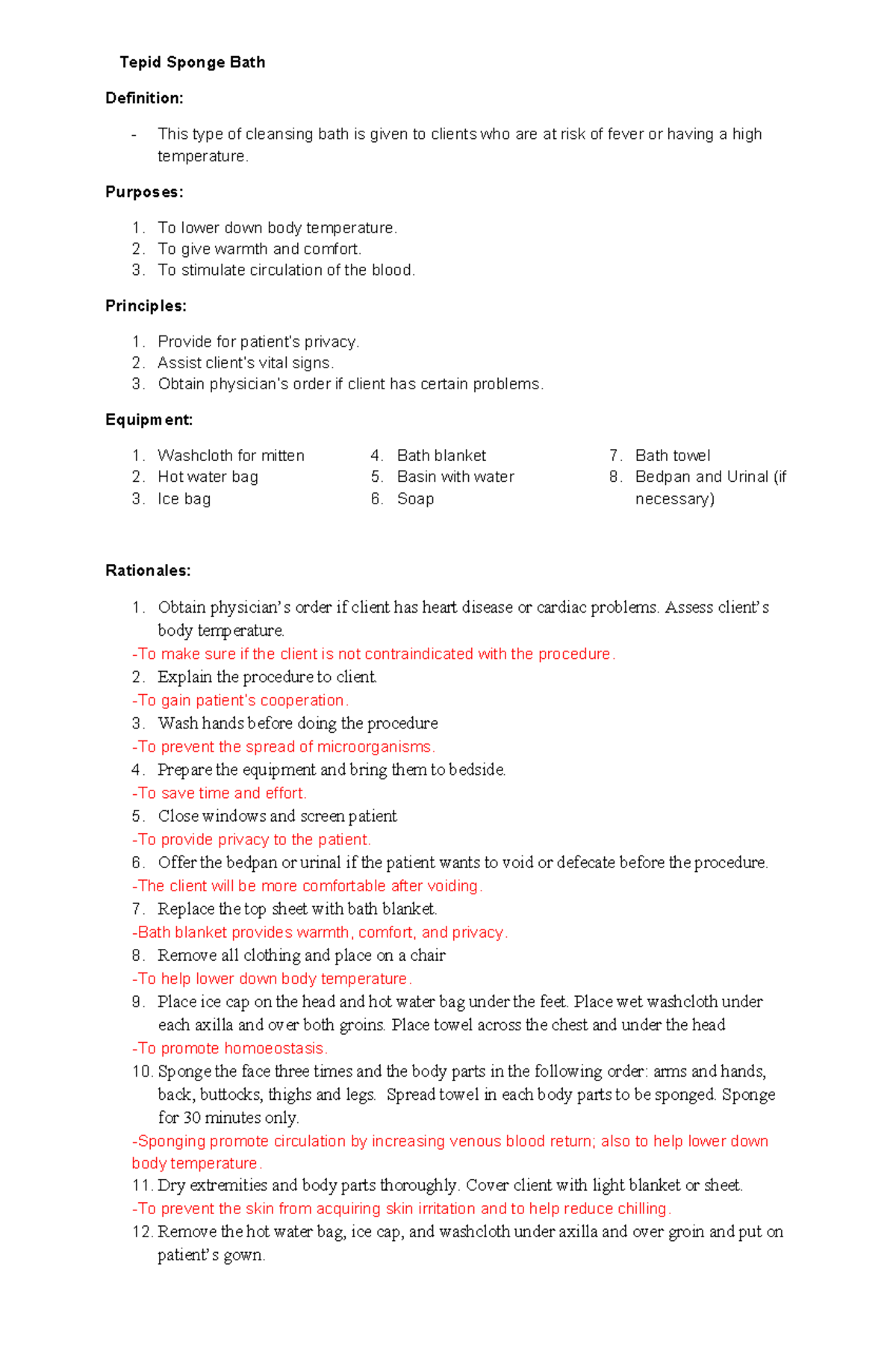 NURS 101: Tepid Sponge Bath and Special Mouth Care Procedures Guide ...