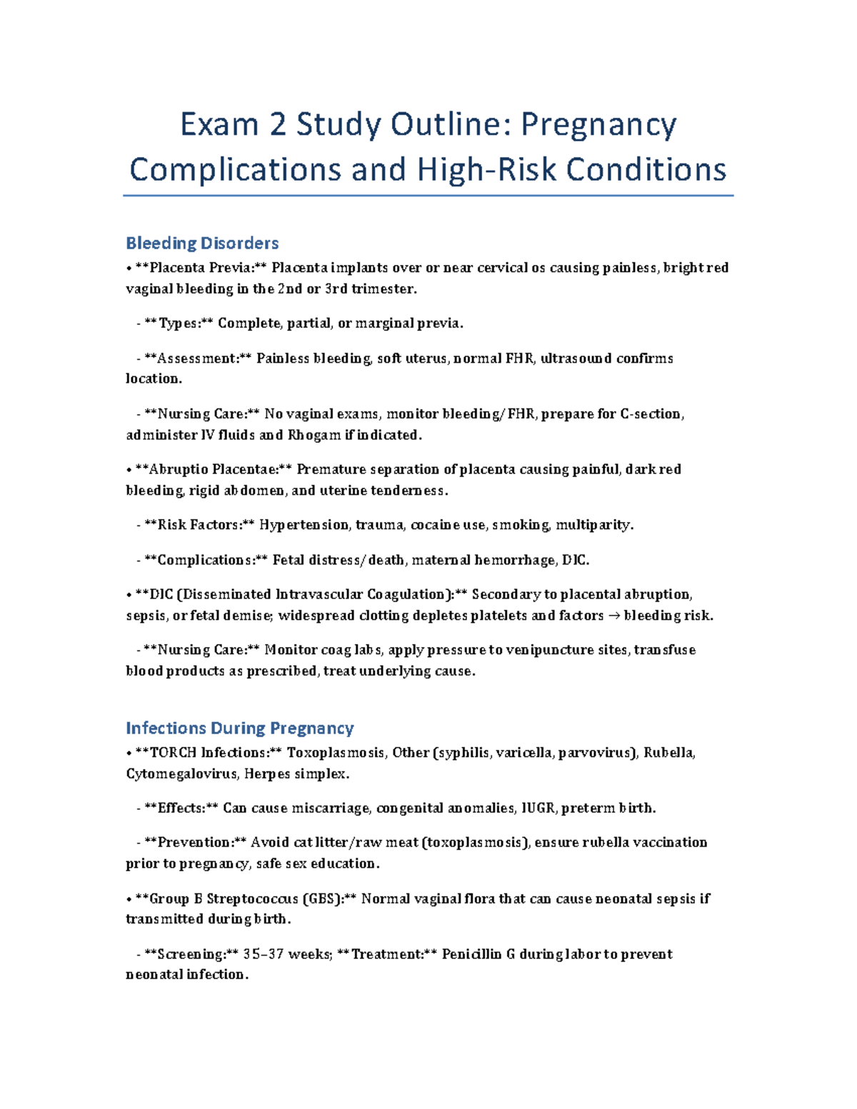 Exam 2 Study Outline: Pregnancy Complications & Conditions - Studocu