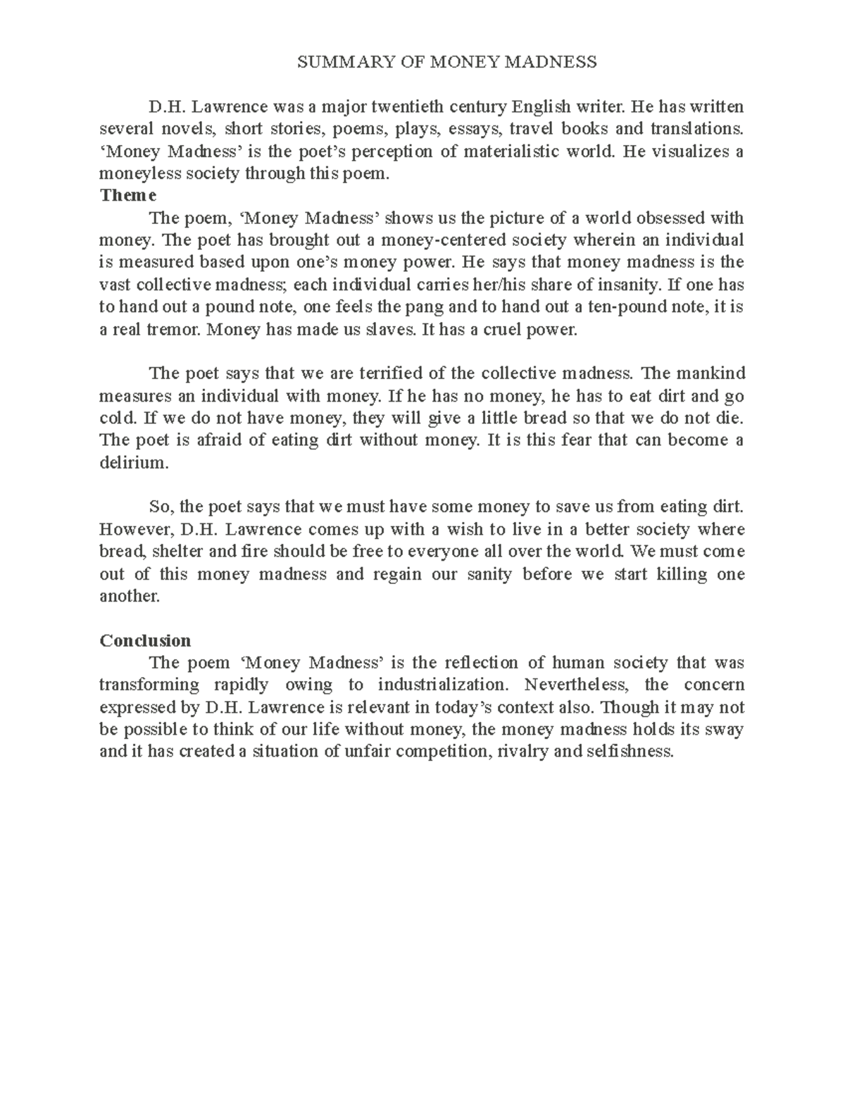 Summary of Money Madness - SUMMARY OF MONEY MADNESS D. Lawrence was a ...