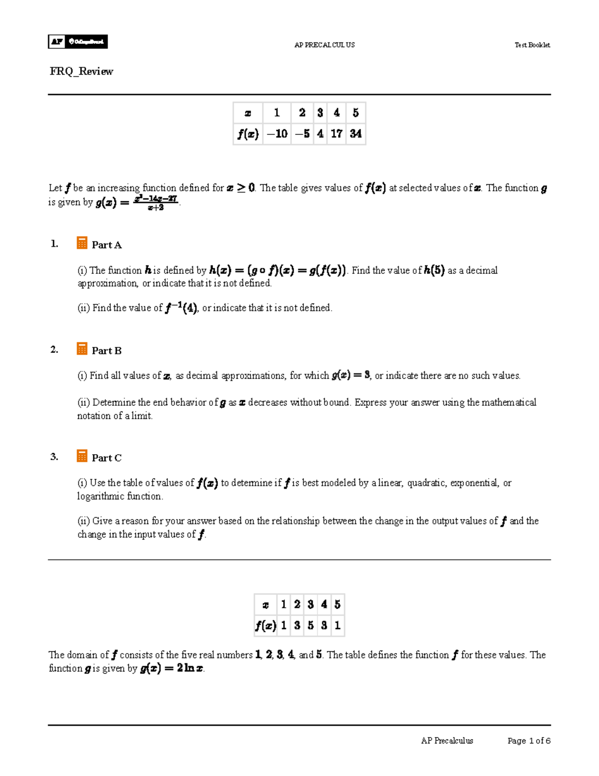 AP PRECALCULUS Test Booklet FRQ Review and Solutions - Studocu