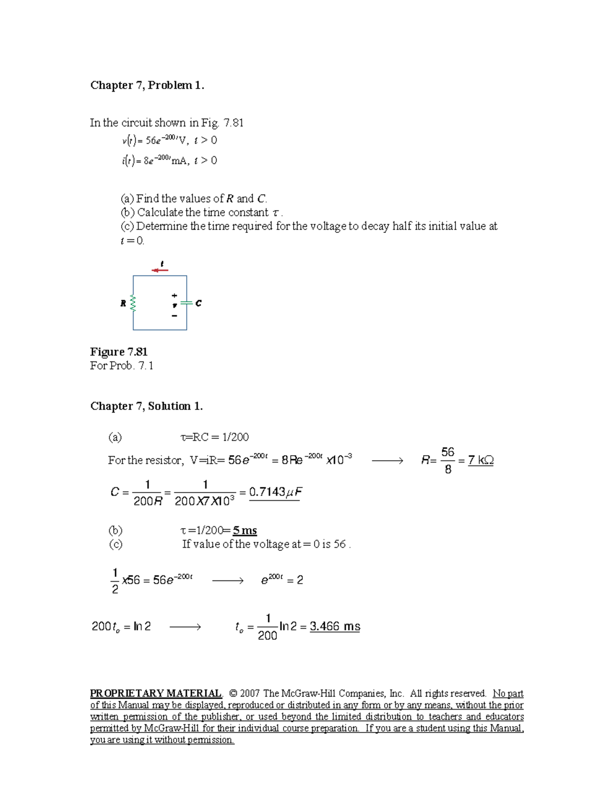 Fundamentals of Electric Circuits (EE 207) Chapter 7 Solution Manual ...