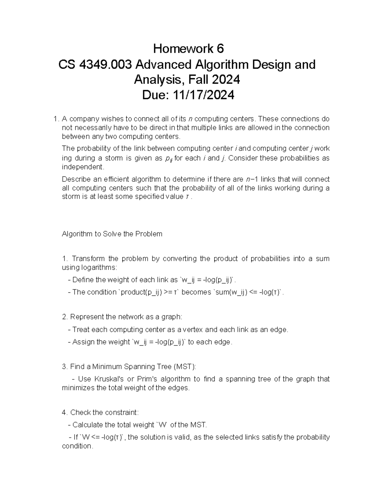 Efficient Algorithm for MST in CS 4349.003 Advanced Algorithm Design ...