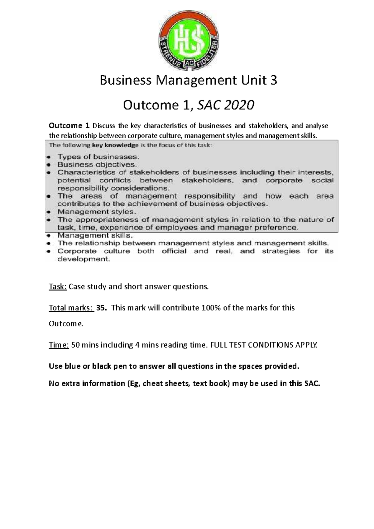 AOS 1 Practice SAC - Business Management Unit 3 Case Study Analysis ...