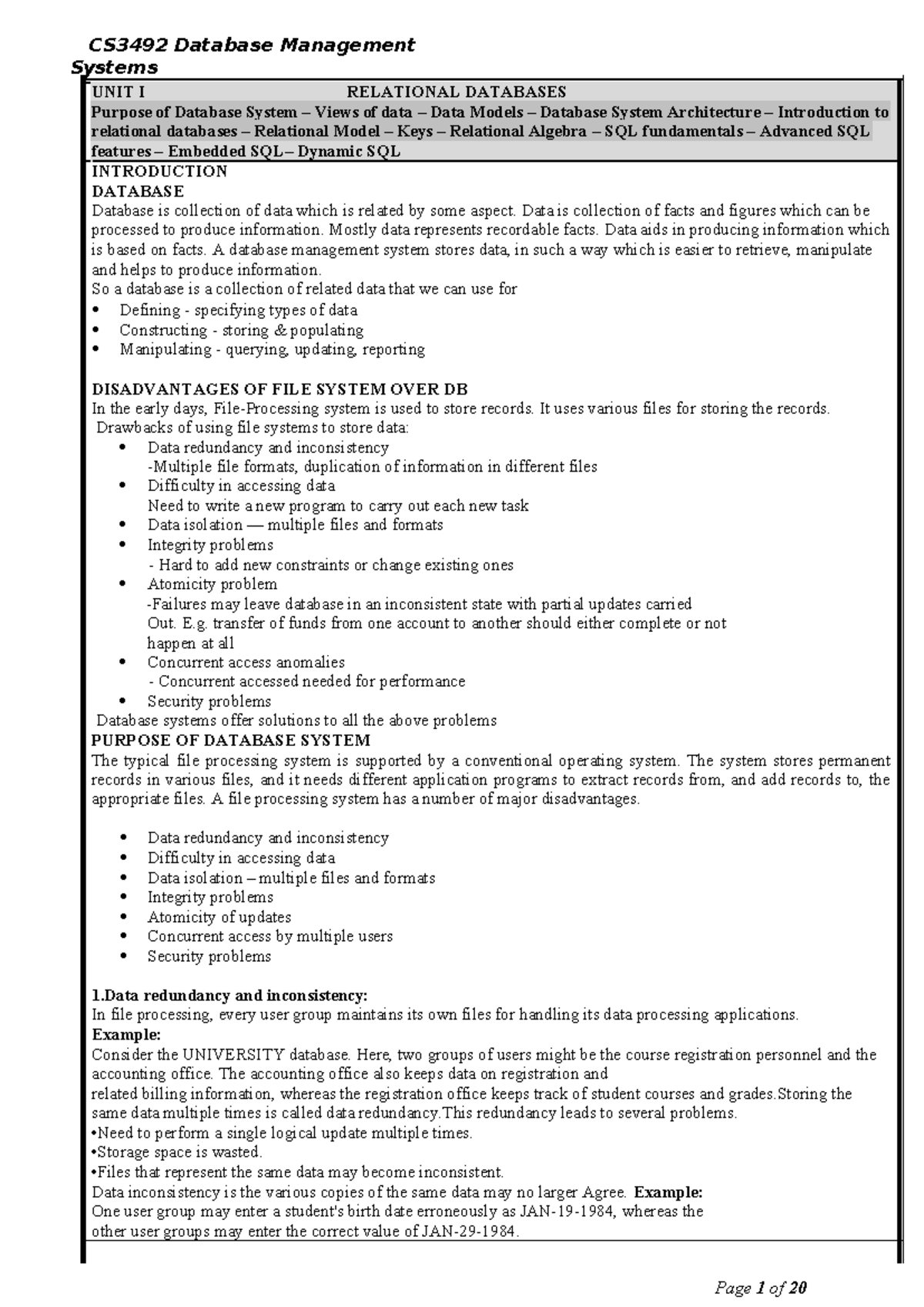 CS3492 Database Management Systems - Unit 1 Overview and Concepts - Studocu
