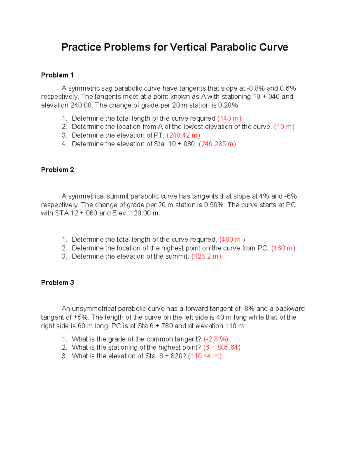 Vertical Parabolic Curve Practice Problems and Solutions - Studocu