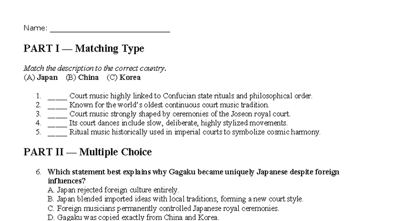 Q3 QUIZ - MAPEH Grade 8: Matching & Multiple Choice on East Asian Court ...