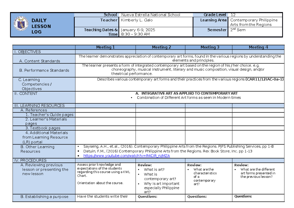 Contemporary Arts Lesson Plan Week 1 (Grade 12 - DLL) - Studocu