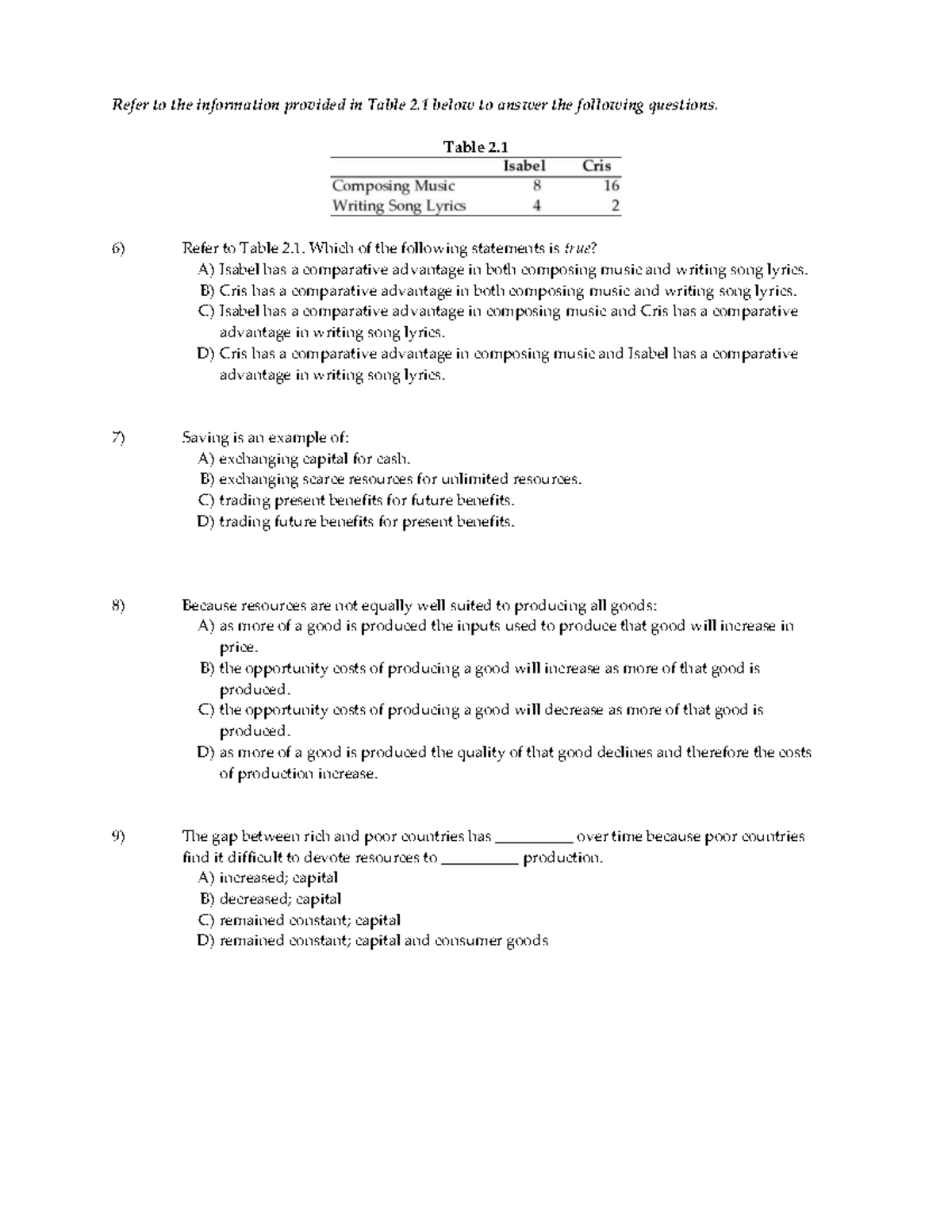 Comparative Advantage & Economic Concepts - Quiz Questions - Refer to ...