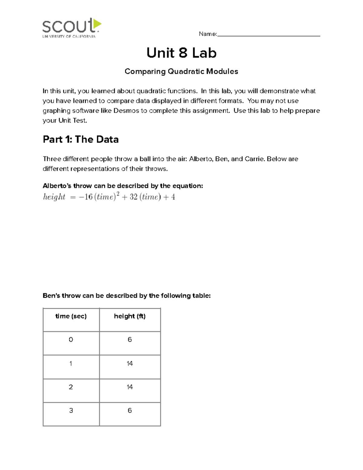 ALGI Unit 8 Lab: Comparing Quadratic Functions for Unit Test - Studocu