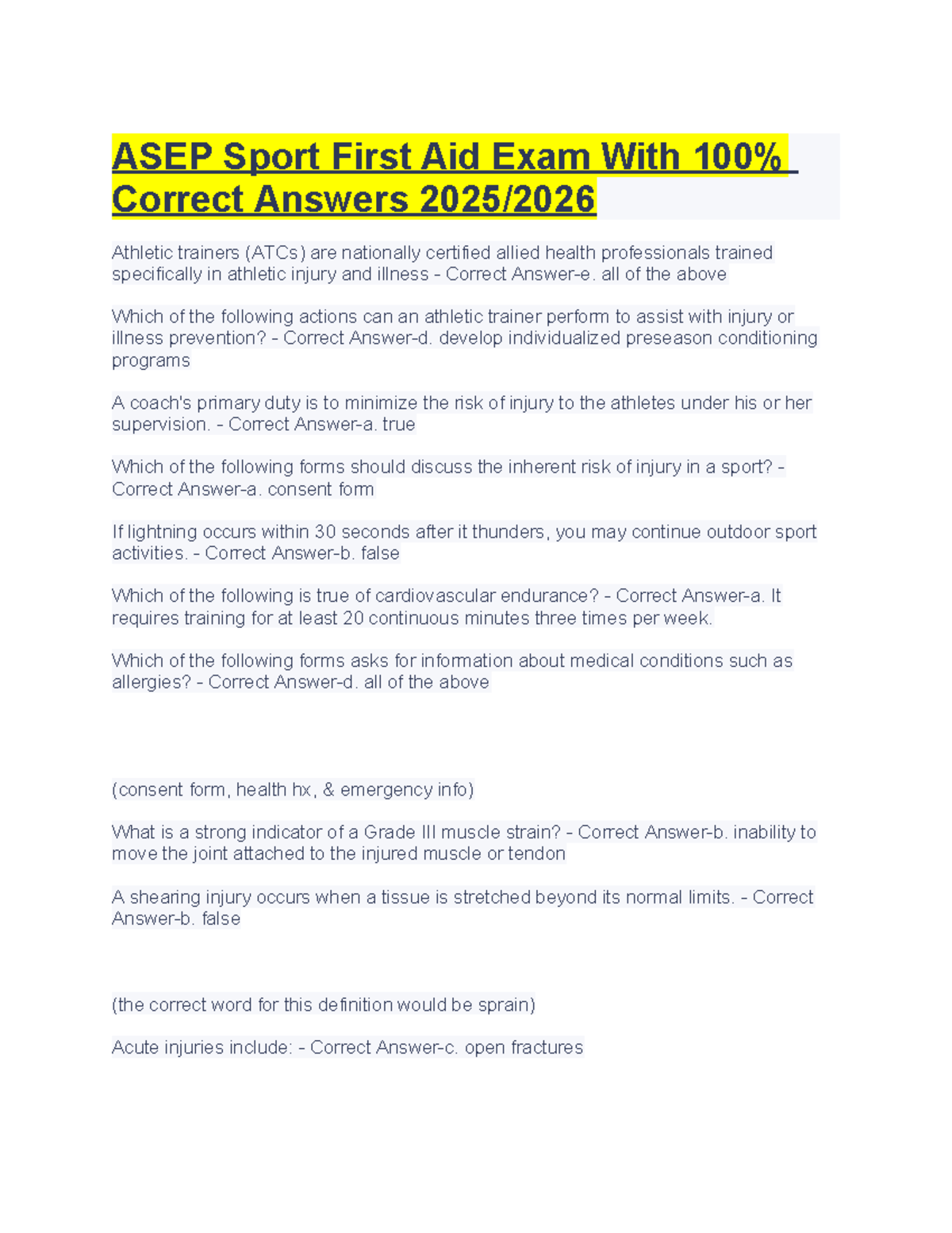 ASEP Sport First Aid Exam: Correct Answers and Key Concepts - Studocu