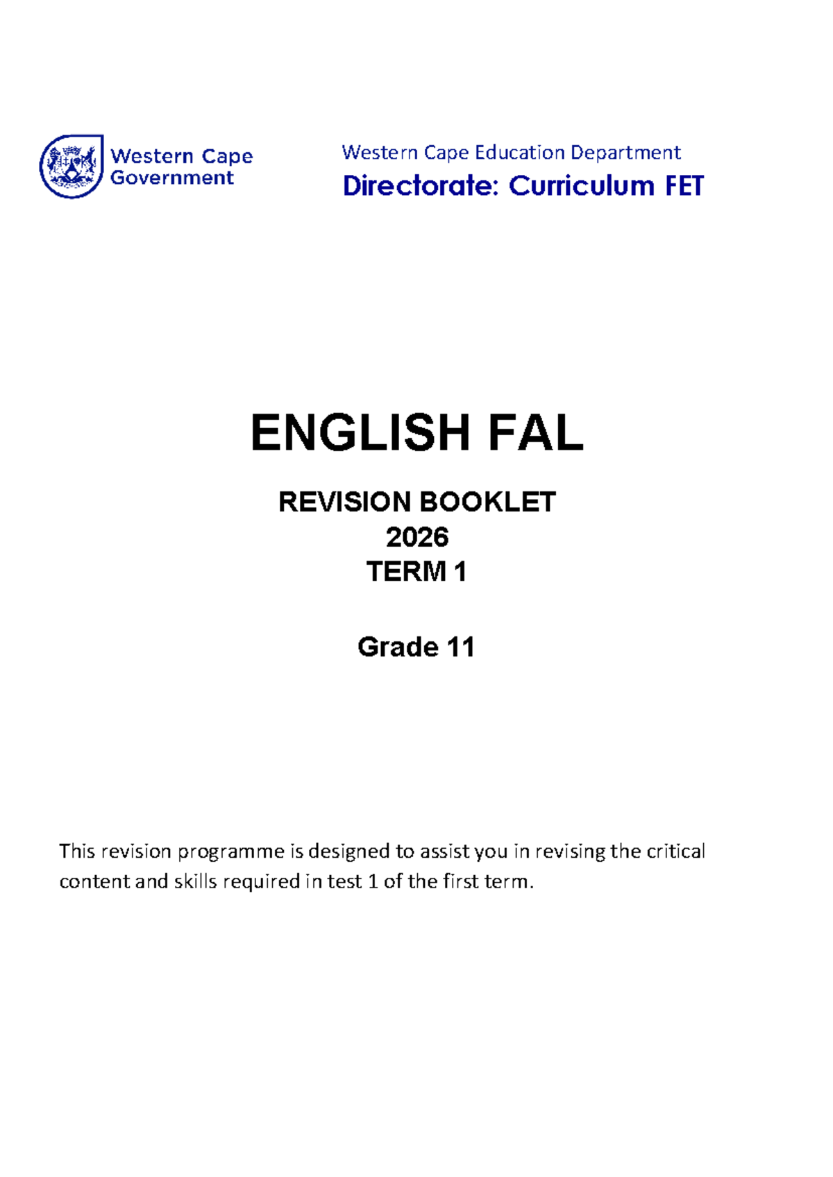 Grade 11 FAL Term 1 Revision Booklet 2026: Comprehension & Summary ...