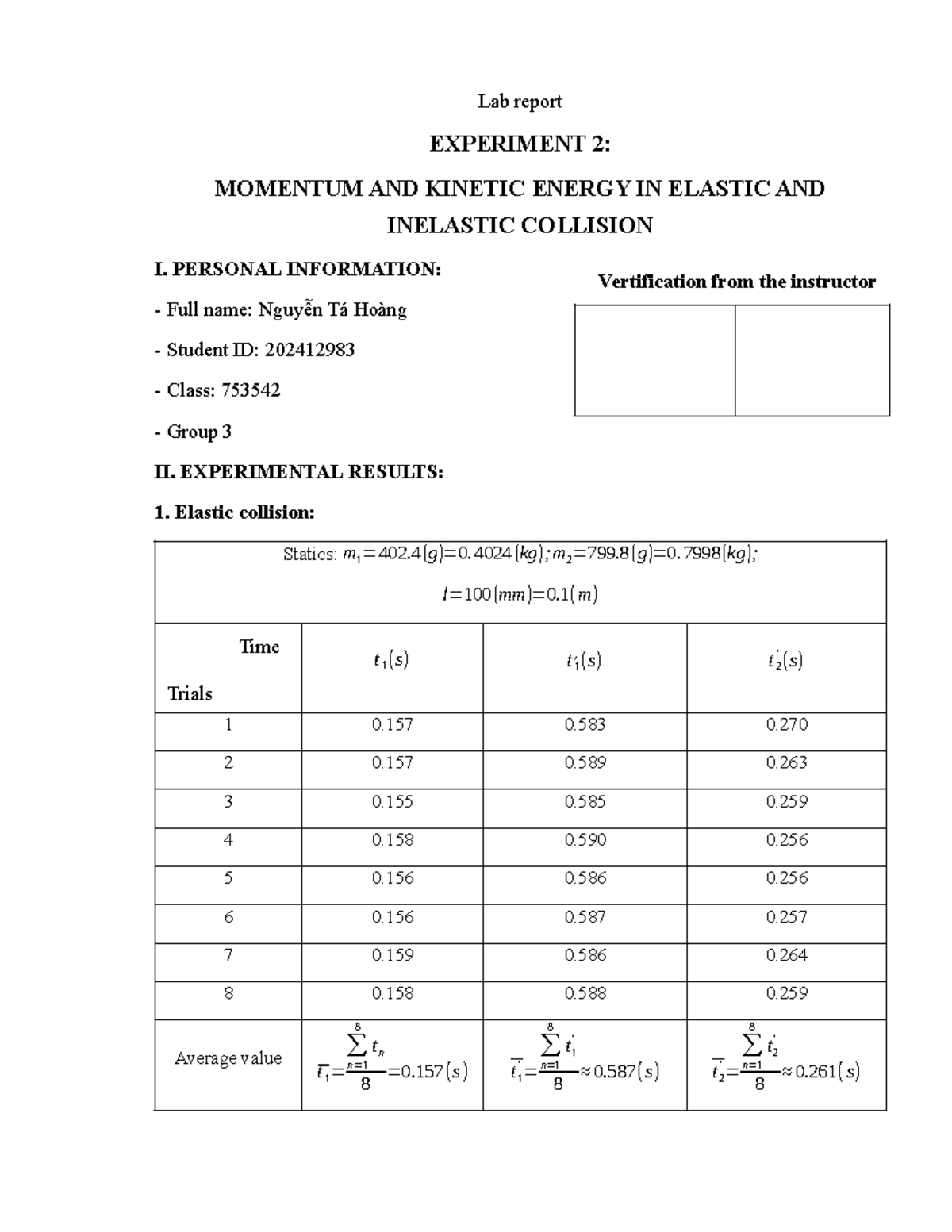 Lab Report 753542: Momentum & Kinetic Energy in Collisions - Studocu