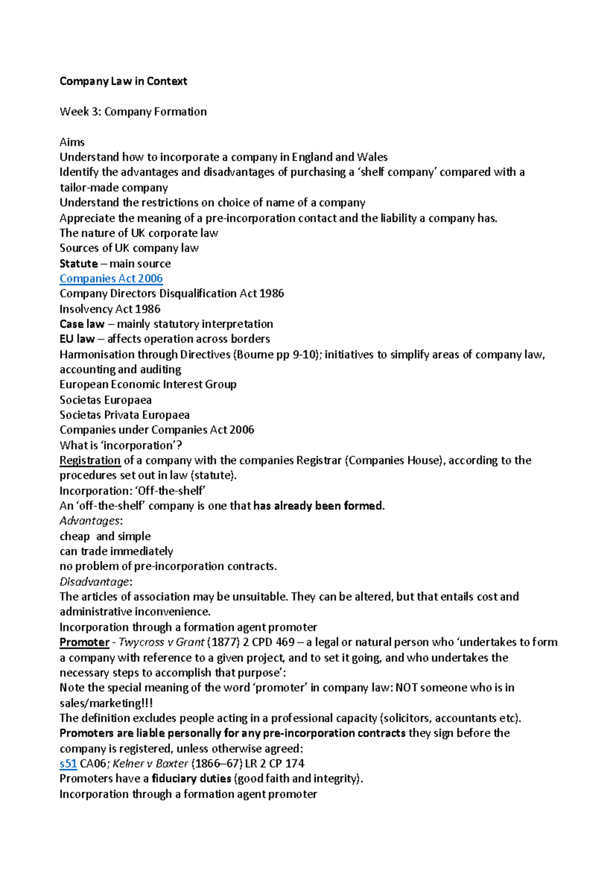 Company Law Lecture 3 - Company Law in Context Week 3: Company ...