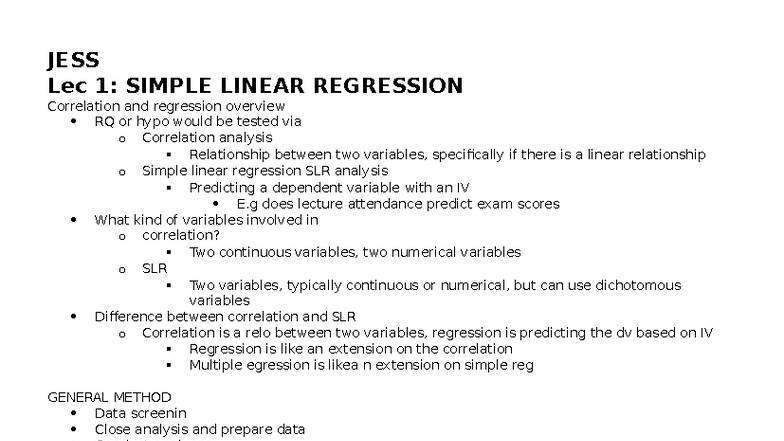 JESS Lec 1: Overview of Simple Linear Regression and Correlation Analysis - Studocu