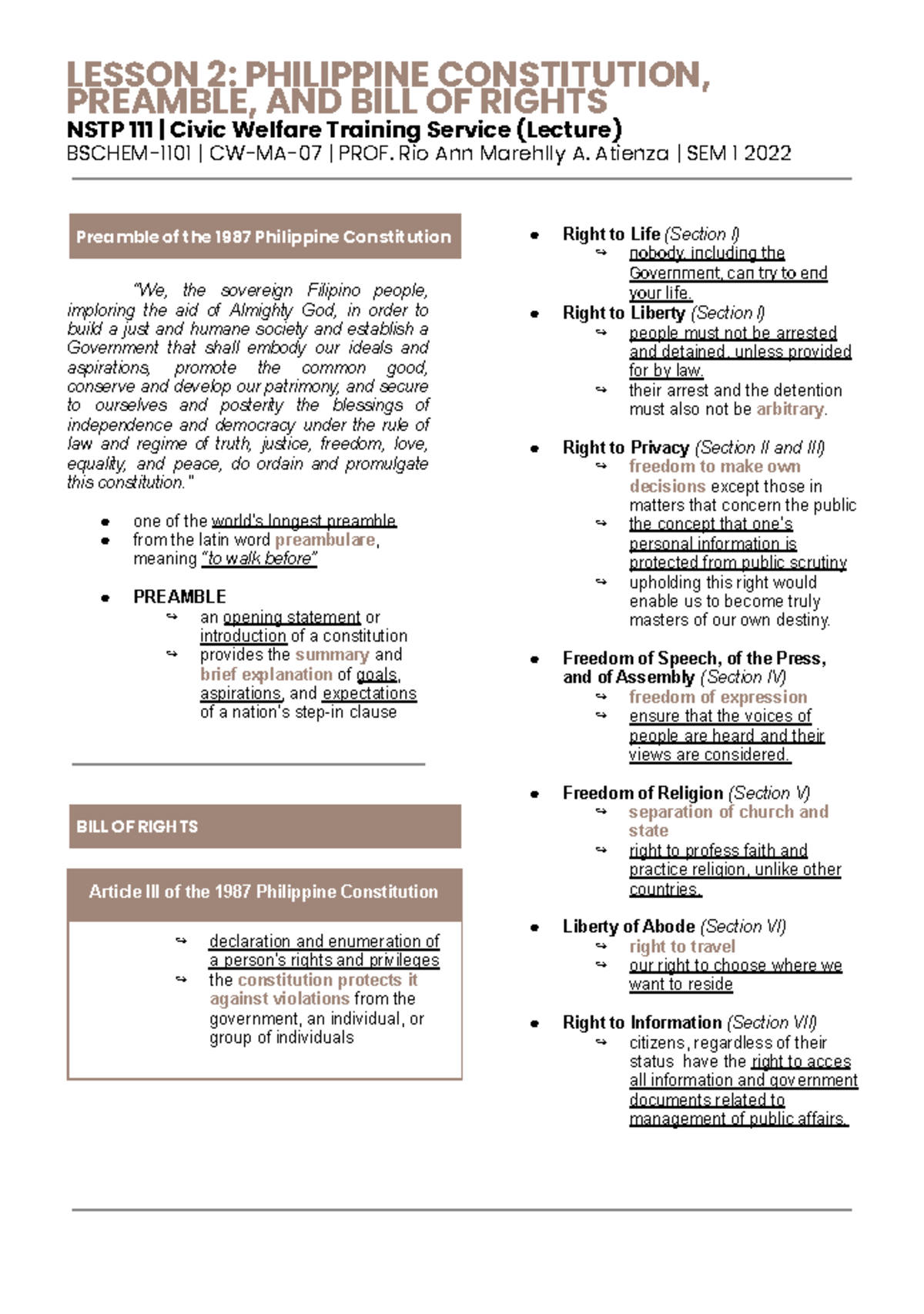 LESSON 2: PHILIPPINE CONSTITUTION, PREAMBLE & BILL OF RIGHTS NSTP 1 11 ...