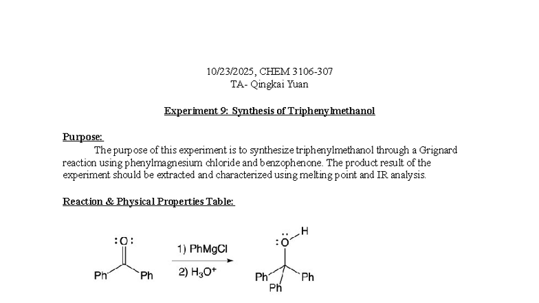 CHEM 101: Lab Experiment 9 - Synthesis of Triphenylmethanol - Studocu