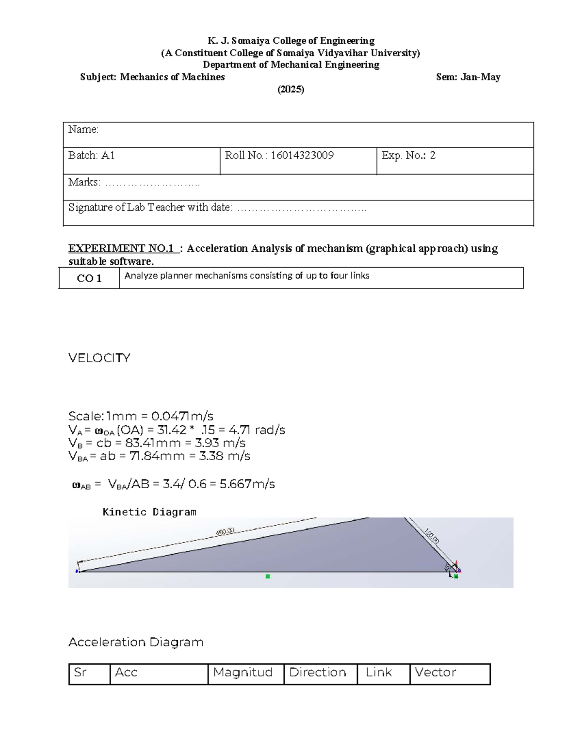 Mechanics of Machines (2025) - Experiment 2: Acceleration Analysis - Studocu