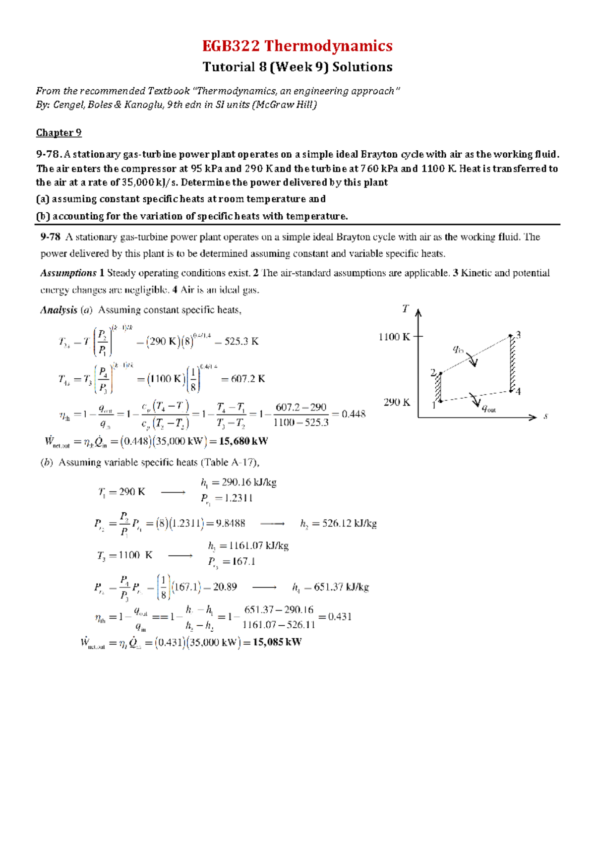 EGB322 Thermodynamics - Week 9 Tutorial Solutions Overview - Studocu