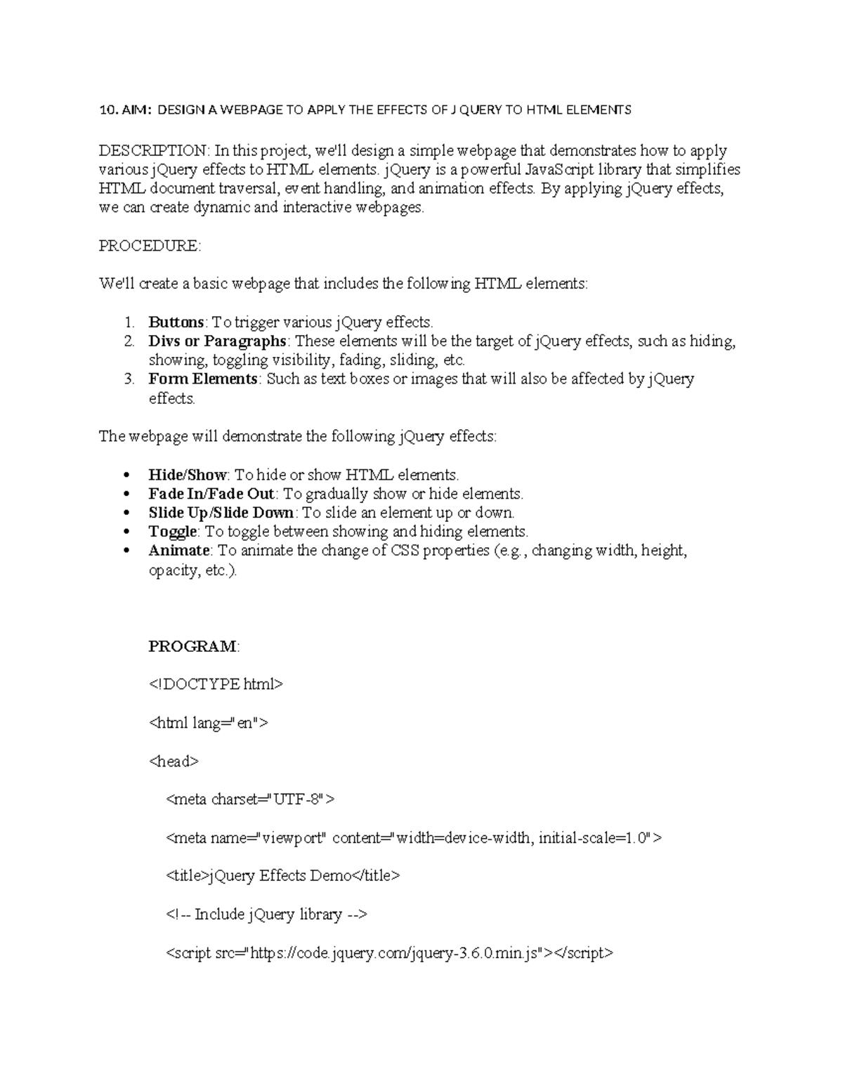 AIM & Procedure: jQuery Effects on HTML Elements - Web Tech Project ...
