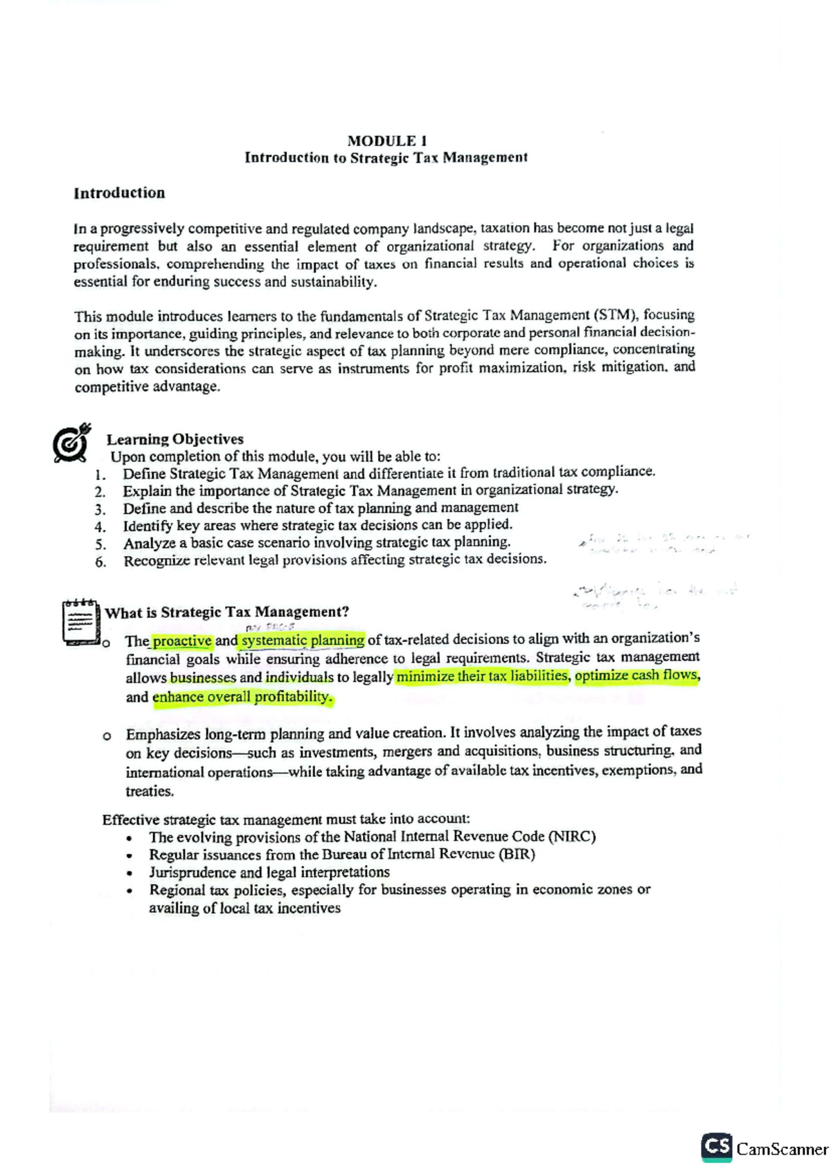 CS MA Strategic Tax Management: Module 1 Overview and Key Concepts - Studocu