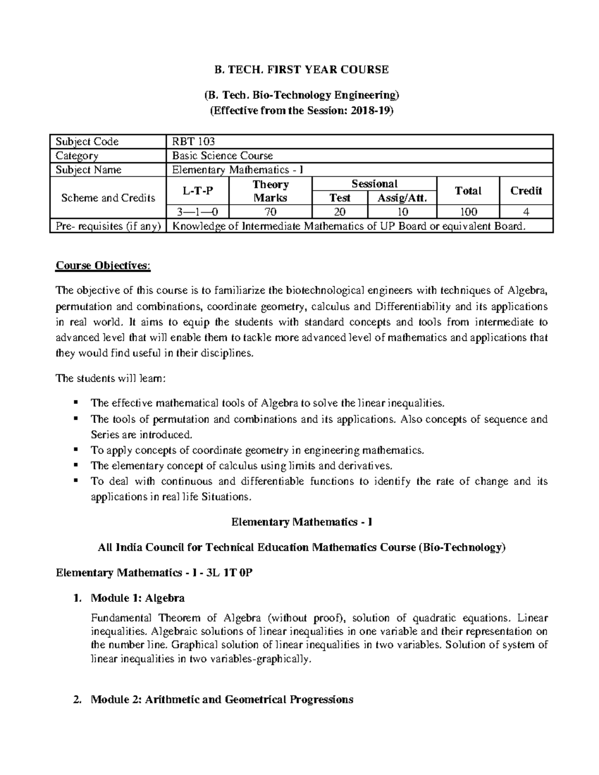 Elementary Mathematics I & II Syllabus - B.Tech. BT RBT 103 & 203 - Studocu