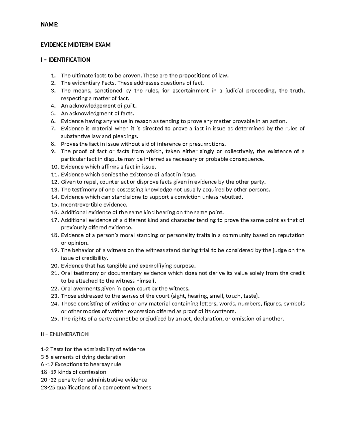 Evidence Midterm Exam Overview - Criminology - Studocu