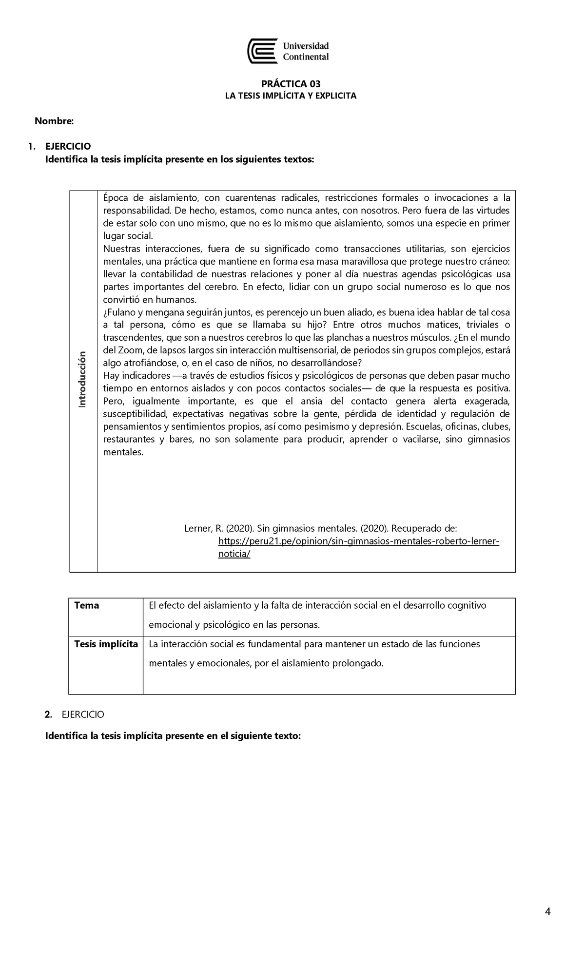 PRÁCTICA 03: Tesis Implícita y Explícita en Textos Argumentativos - UC ...