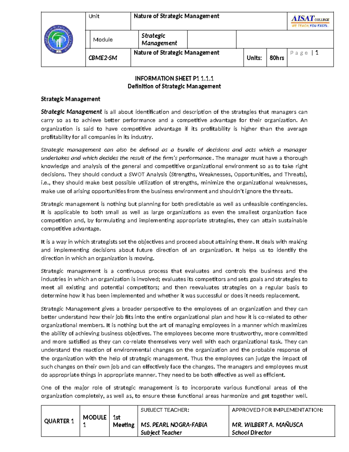 PNF Module 1: Nature and Scope of Strategic Management - Studocu