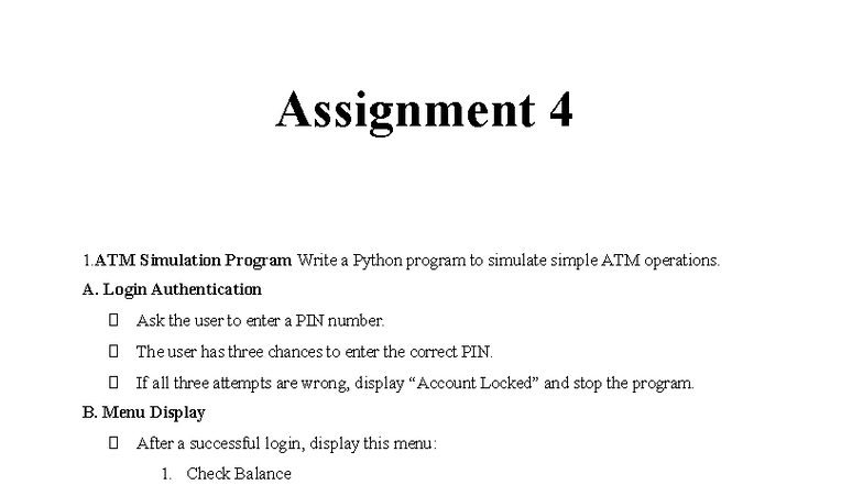 Assignment 4 - Python ATM Simulation & Diamond Pattern - Studocu