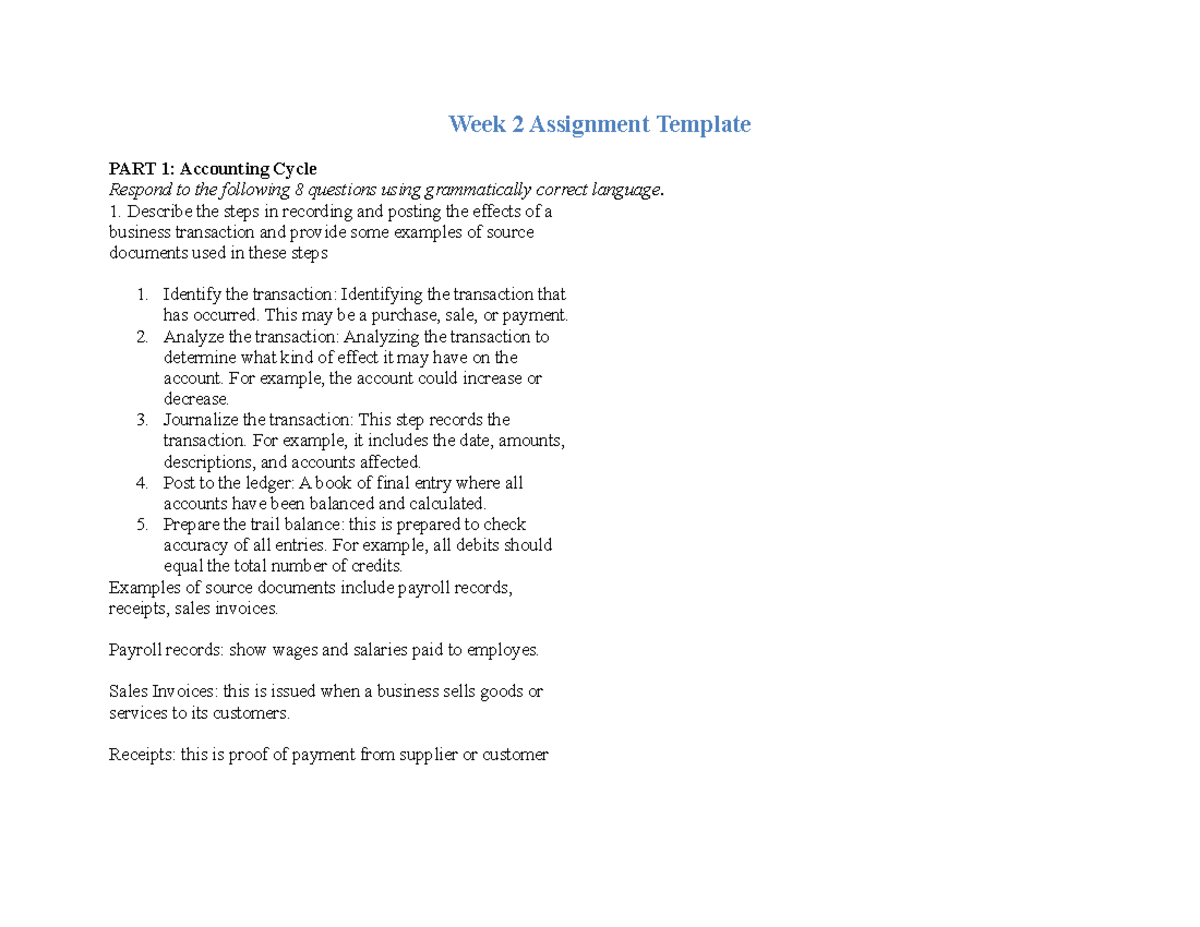 CF 101 Week 2 Accounting - Assignment on Accounting Cycle & Journal Entries - Studocu