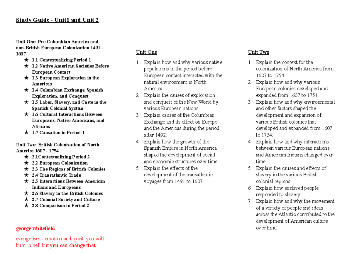 Unit 1 and 2 Test Study Guide - Study Guide - Unit1 and Unit 2 Unit One ...