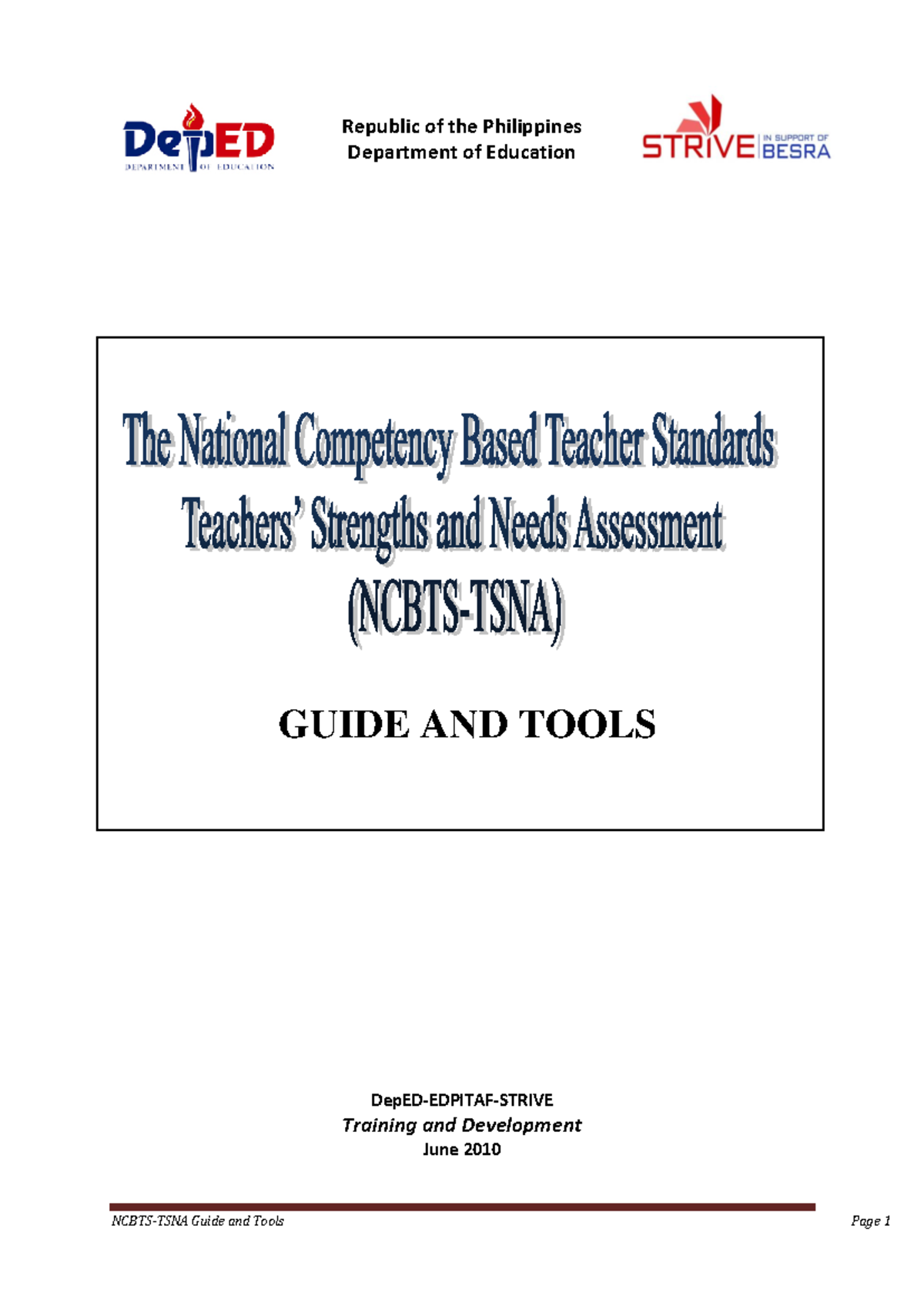 NCBTS-TSNA Final Exam Guide and Tools for Teacher Development - Studocu