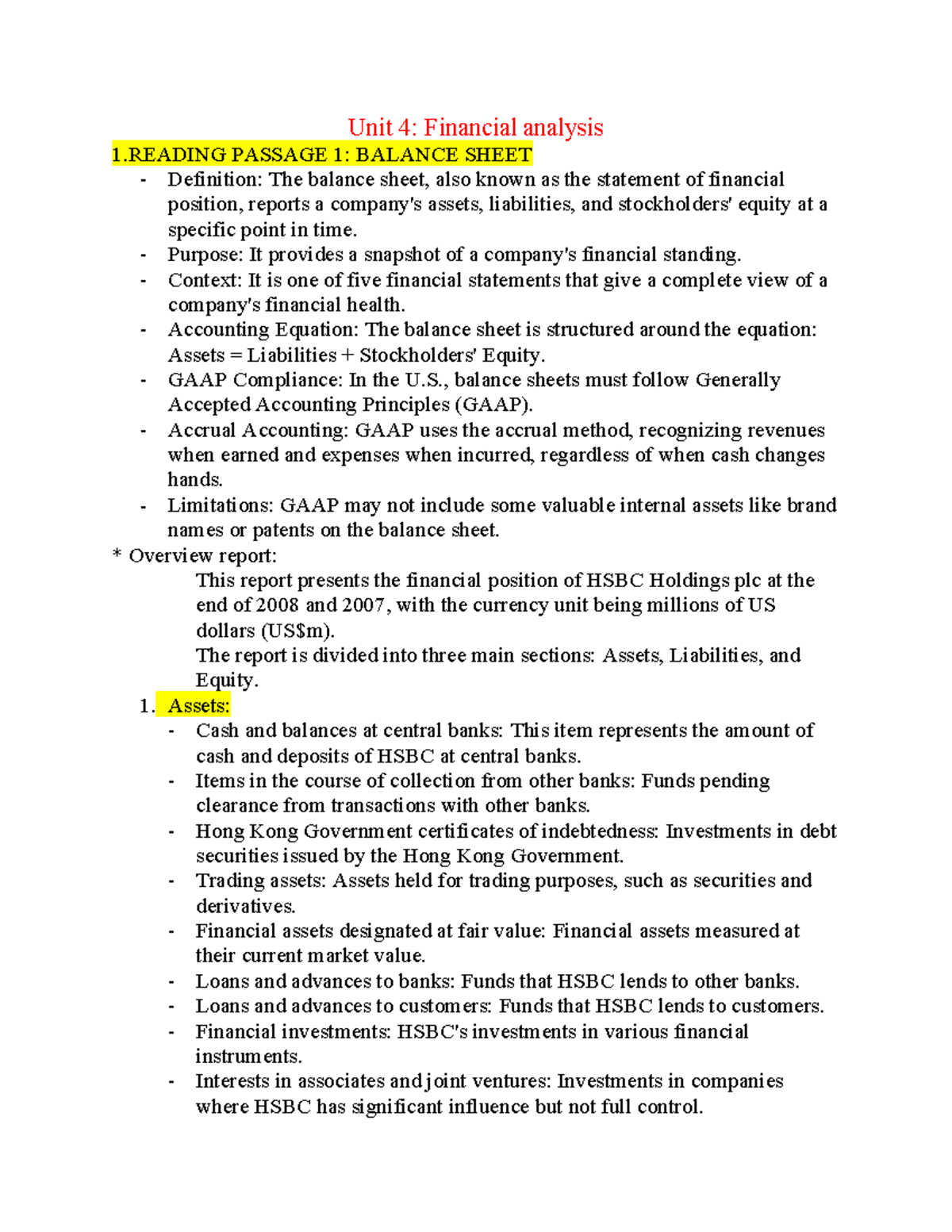 Unit 4: Financial analysis - Balance sheet and financial ratios - Studocu